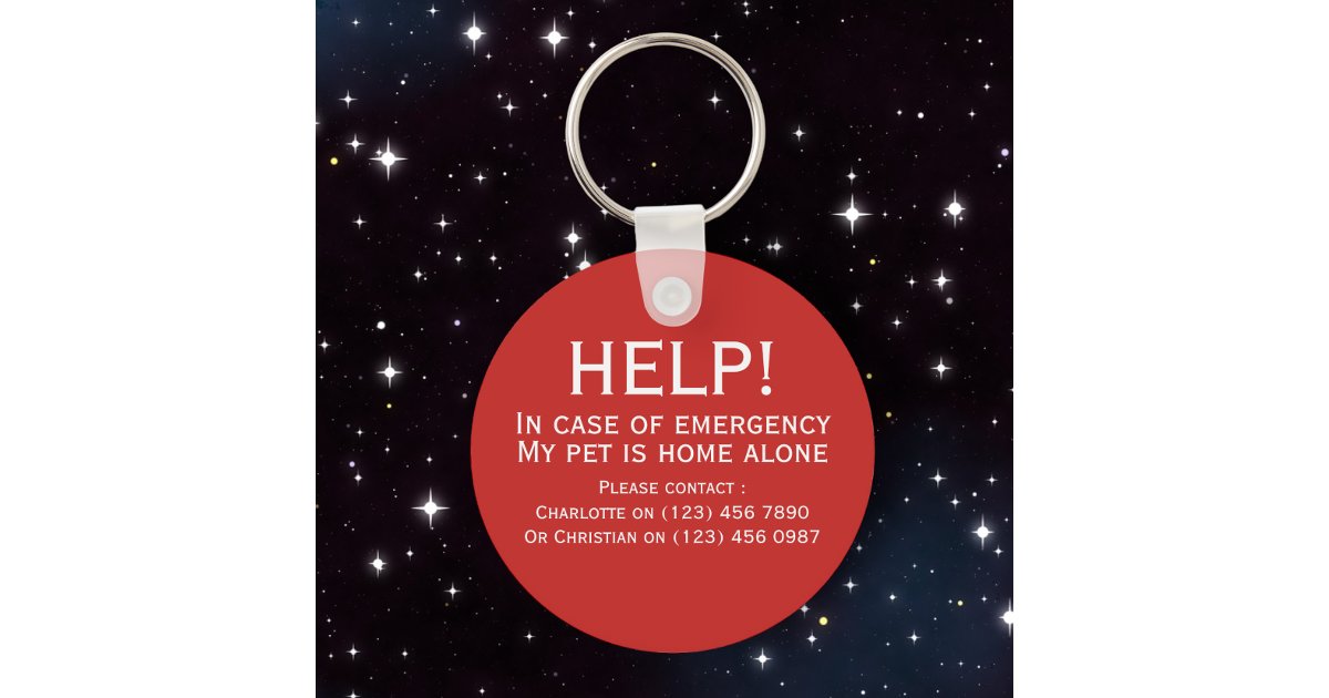 Help pet home alone emergency contact personalized keychain | Zazzle