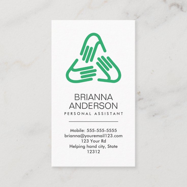 Helping hands symbol, green, personal assistant business card | Zazzle