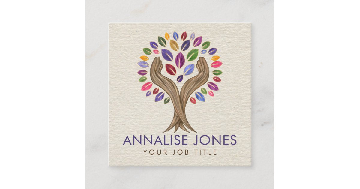 Helping Hands Tree - watercolor leaves Square Business Card | Zazzle
