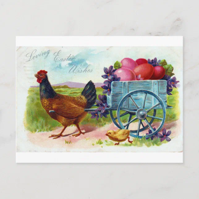 Hen pulling cart Easter Vintage Postcard | Zazzle
