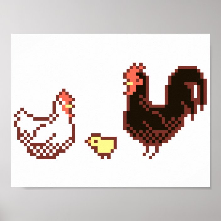 Hen, Rooster And Chick Pixel Art Poster | Zazzle.com