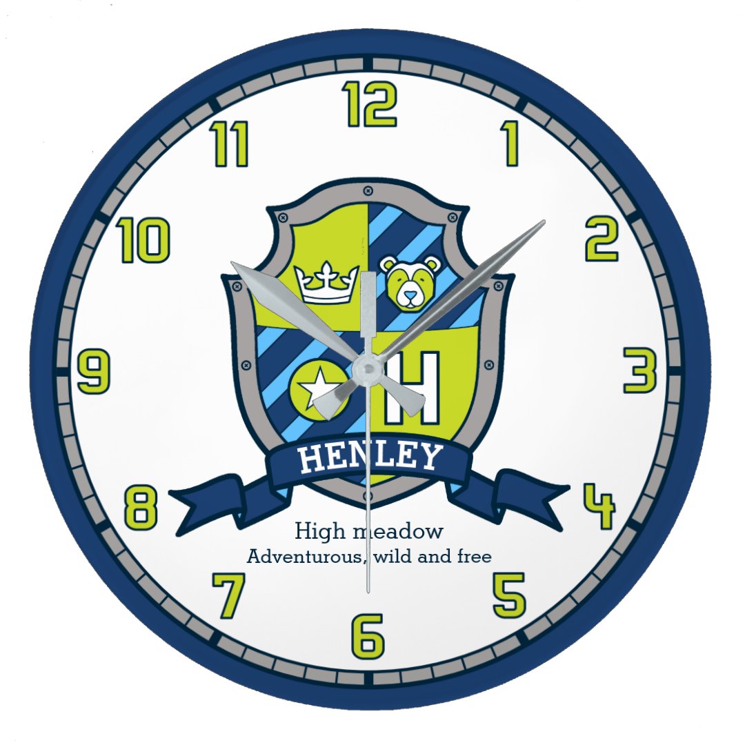 Henley boys name meaning letter H green blue bear Large Clock | Zazzle