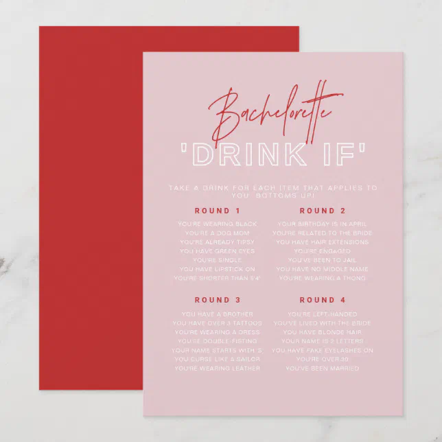 HENLEY Pink and Red Bachelorette Drink If Game Invitation | Zazzle