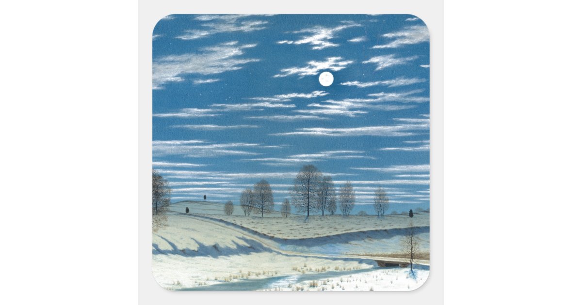 Henry Farrer Winter Scene in Moonlight Square Sticker | Zazzle