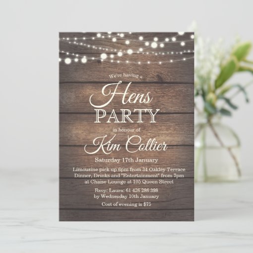 Hens Party Rustic Wood Lights Invitation | Zazzle