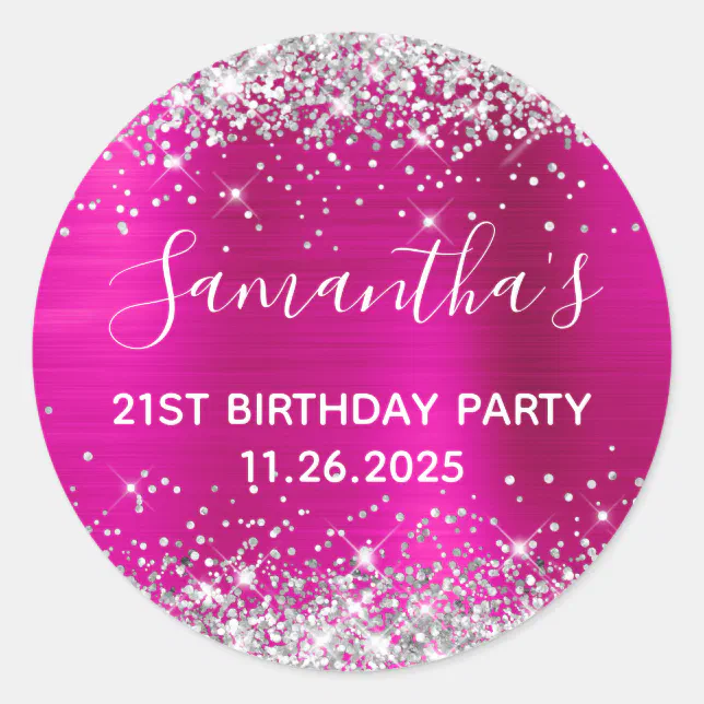 Her 21st Birthday Hot Pink and Silver Glitter Classic Round Sticker ...