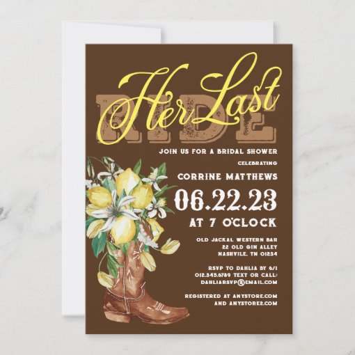 Her Last Ride Cowgirl Boots Lemons Bridal Shower Invitation | Zazzle