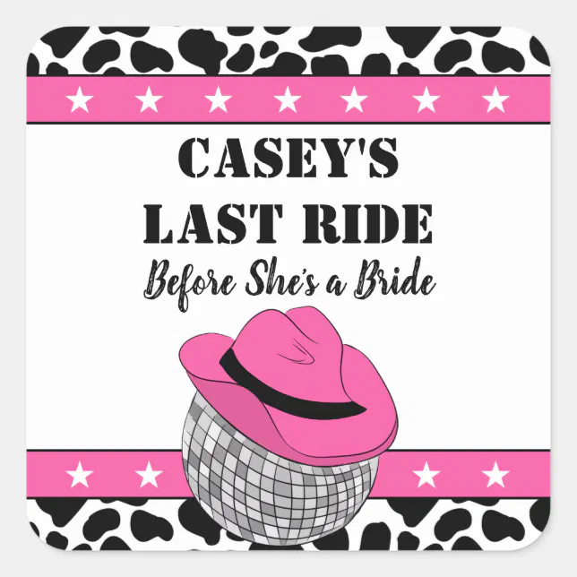 Her Last Ride Disco Cowgirl Bachelorette Party Square Sticker | Zazzle