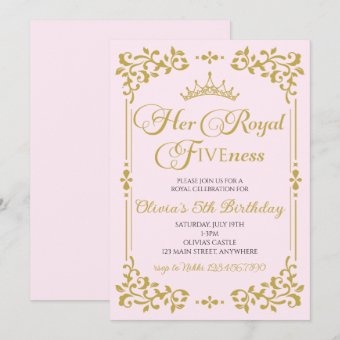 Her Royal Fiveness Gold Princess 5th Birthday Invitation | Zazzle