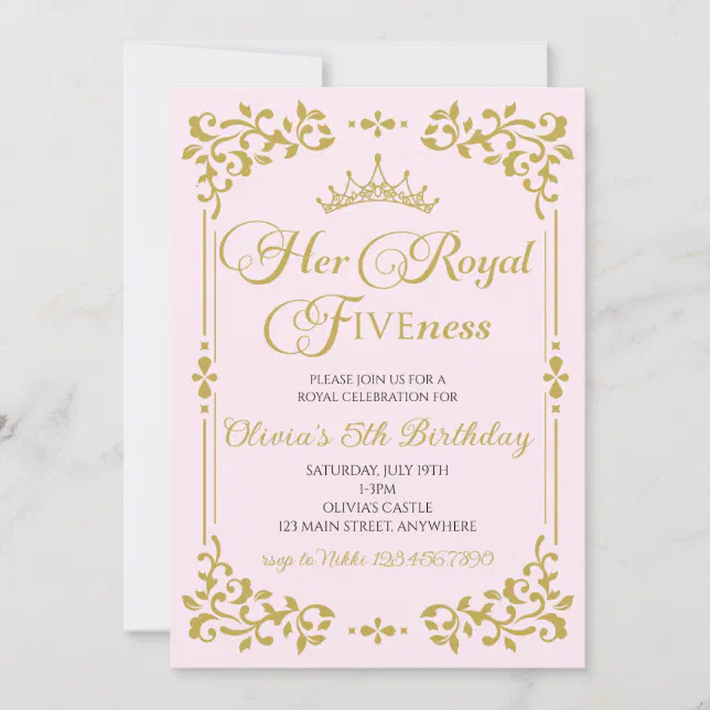 Her Royal Fiveness Gold Princess 5th Birthday Invitation | Zazzle