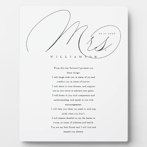 Her Vows Elegant Mrs. Newlyweds Wedding Vows White Plaque | Zazzle