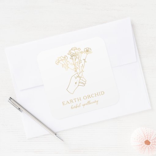 Herbal + Floral Apothecary Gold Square Sticker | Zazzle