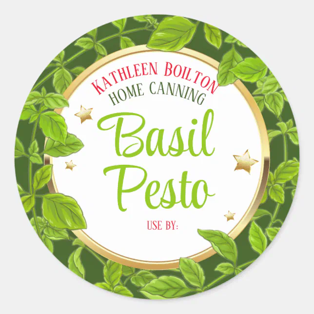 Herbs basil pesto stars Italian home canning Classic Round Sticker | Zazzle