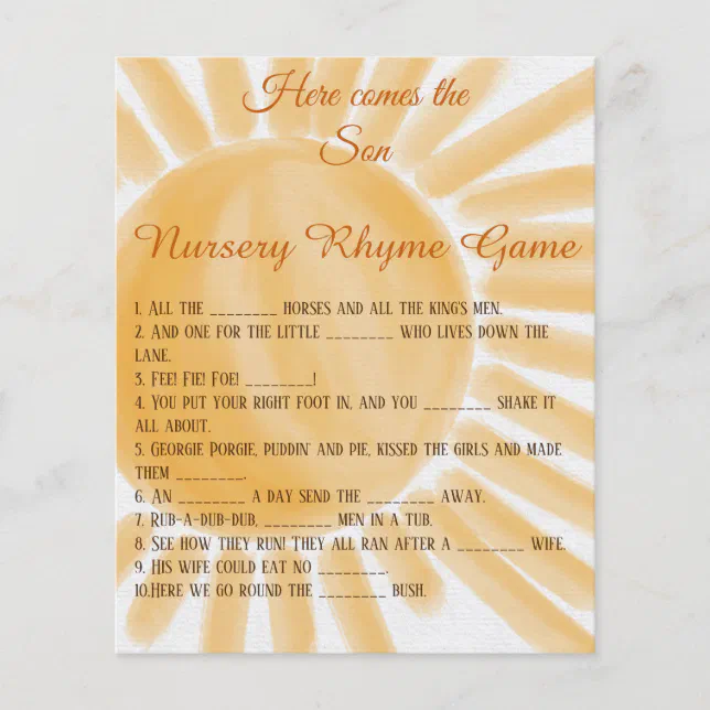 Here Comes Son Baby Shower Baby Nursery Rhyme Game | Zazzle