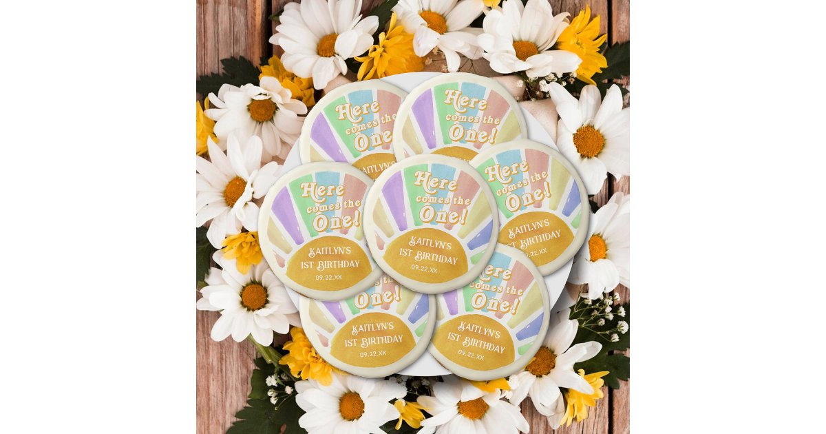 Here Comes The One! Retro Boho Sun 1st Birthday Sugar Cookie | Zazzle