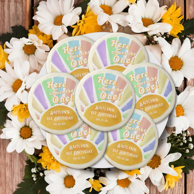 Here Comes The One! Retro Boho Sun 1st Birthday Sugar Cookie | Zazzle