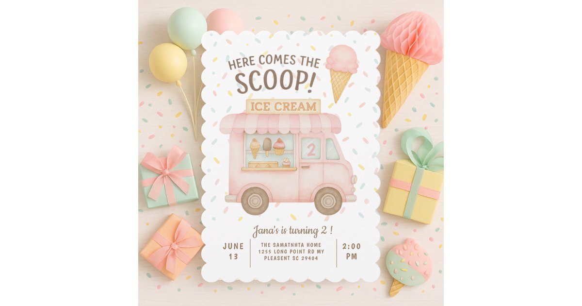 Here Comes the Scoop! | Pink Ice Cream Truck Invitation | Zazzle