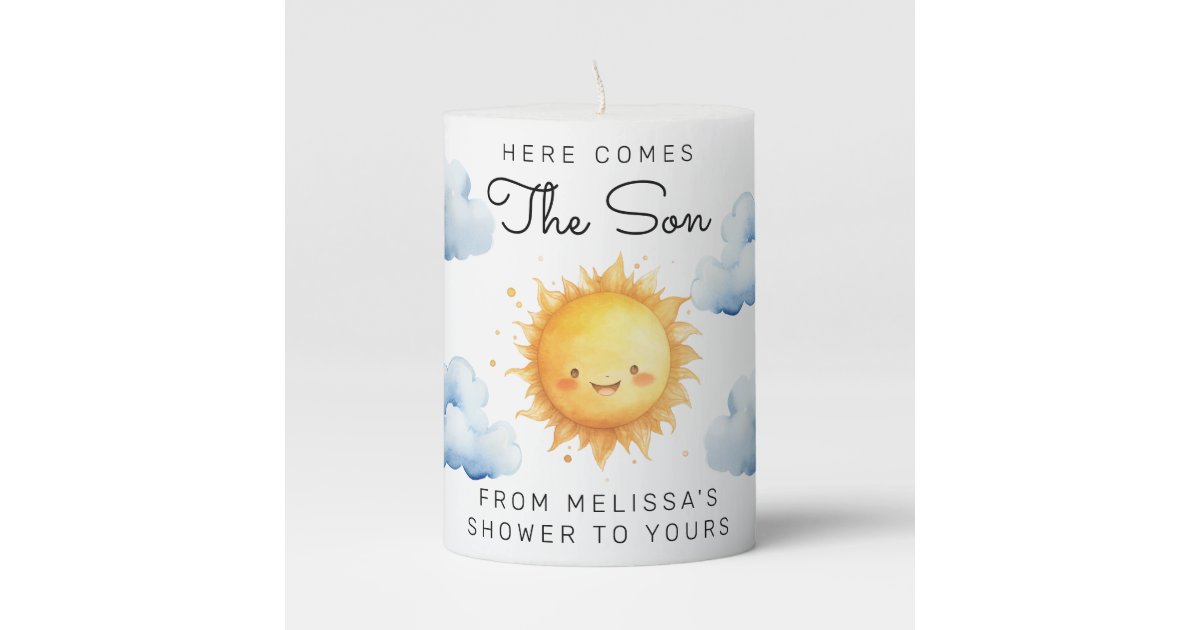Here comes the Son Baby Boy Shower Pillar Candle | Zazzle