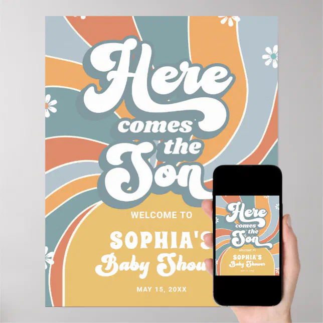 Here Comes The Son Groovy Baby Shower Welcome Poster | Zazzle