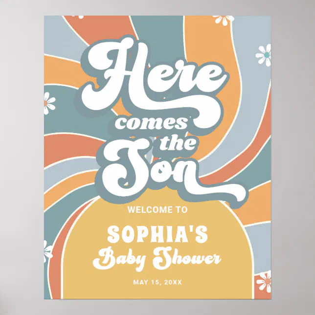 Here Comes The Son Groovy Baby Shower Welcome Poster | Zazzle
