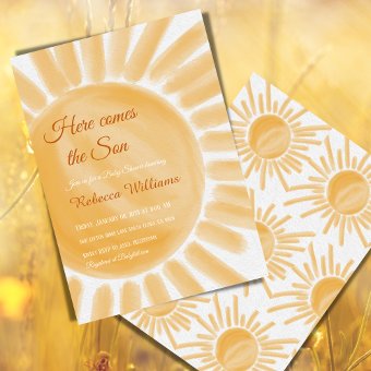 Here Comes the Son Ray Yellow Sunshine Baby Shower Invitation | Zazzle