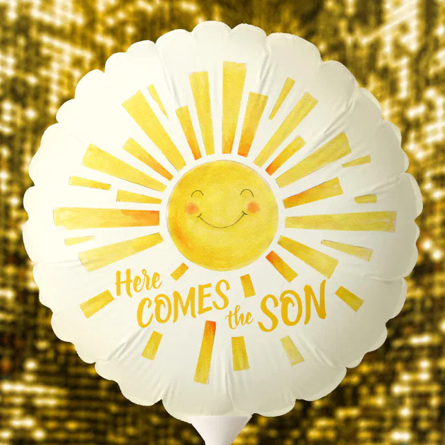 Here comes the son yellow sun whimsy baby shower balloon | Zazzle