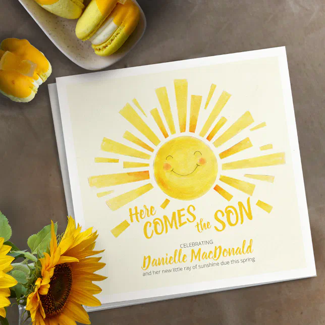 Here comes the son yellow sun whimsy baby shower napkins | Zazzle