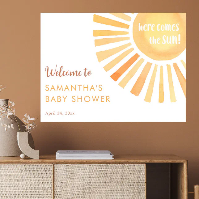 Here comes the sun sunshine baby shower welcome poster | Zazzle