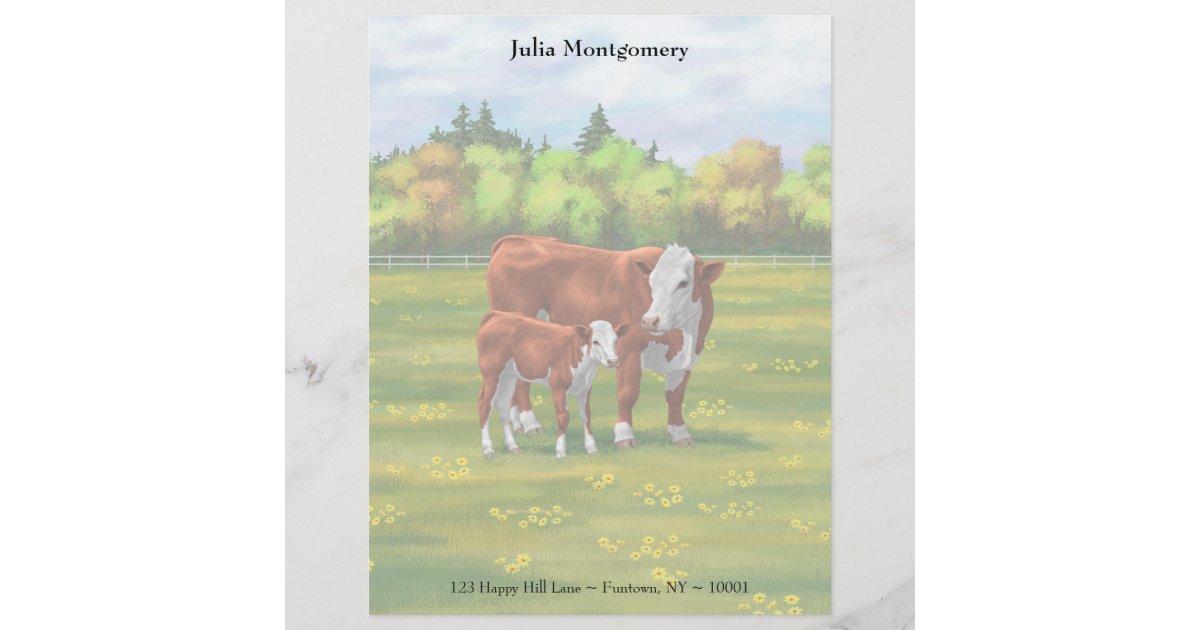 Hereford Cow & Cute Calf in Summer Pasture Letterhead | Zazzle
