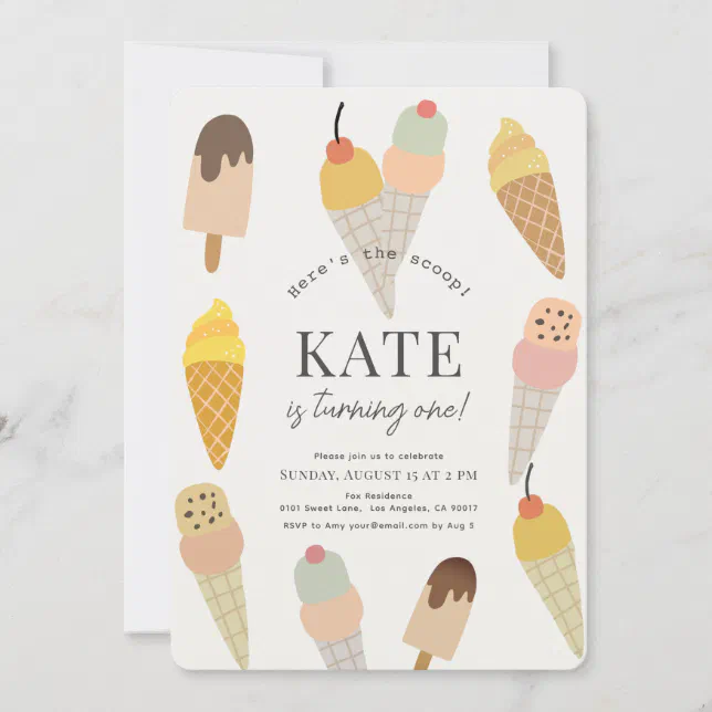 Here's the Scoop Colorful Ice Cream 1st Birthday Invitation | Zazzle