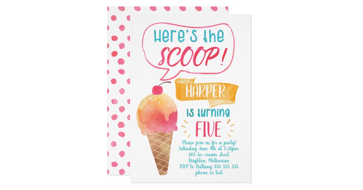 Here's The Scoop Ice-Cream Birthday Invitation | Zazzle.com