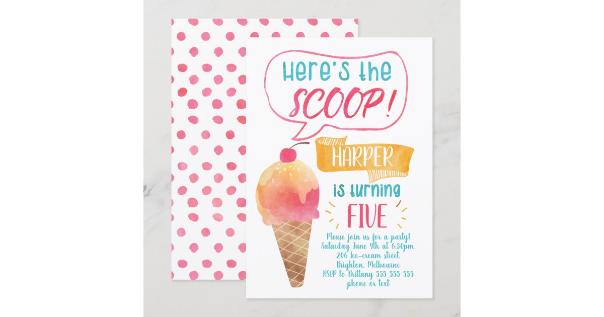 Here's The Scoop Ice-Cream Birthday Invitation | Zazzle