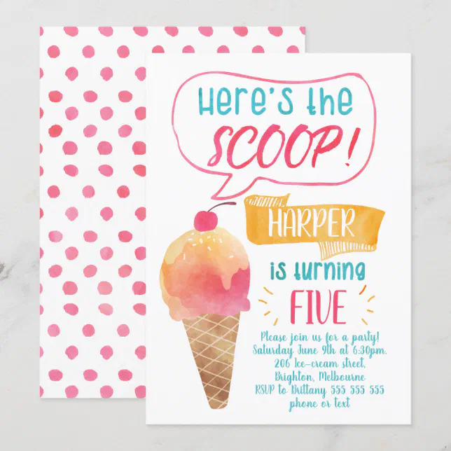 Here's The Scoop Ice-Cream Birthday Invitation | Zazzle