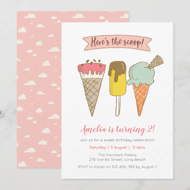 Here's the scoop Ice cream birthday invitation | Zazzle