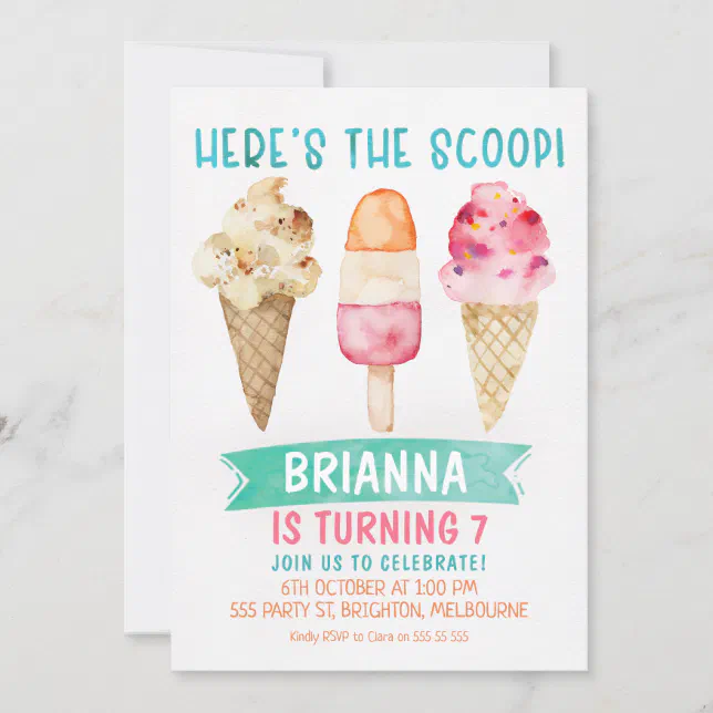 Here's The Scoop Ice-cream Birthday Invitation | Zazzle