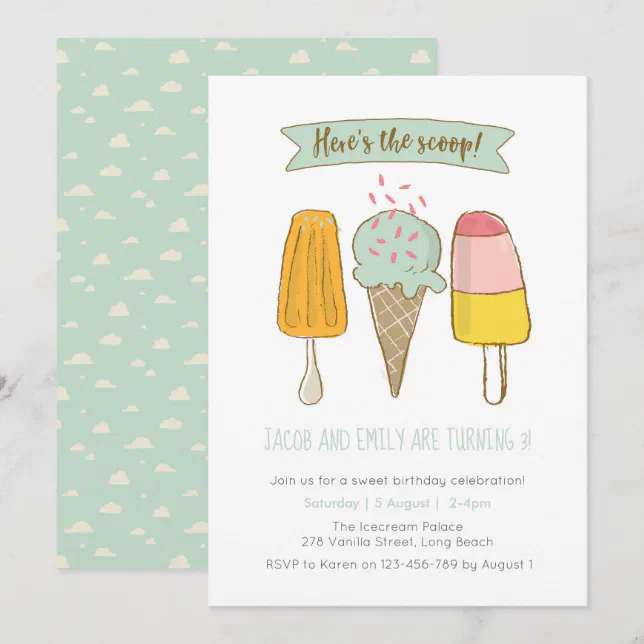 Here's the scoop Ice cream birthday invitation | Zazzle
