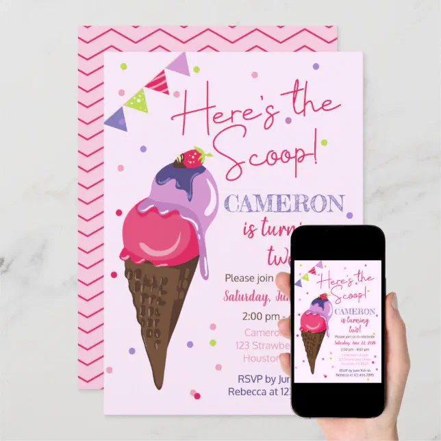 Here's the Scoop Ice cream Birthday Party Invitation | Zazzle