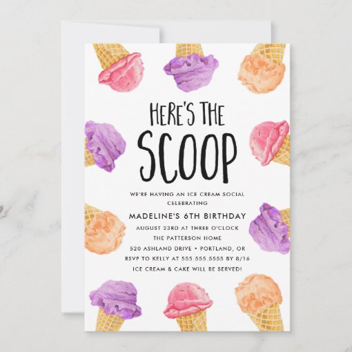 Here's The Scoop Ice Cream Birthday Party Invitation | Zazzle