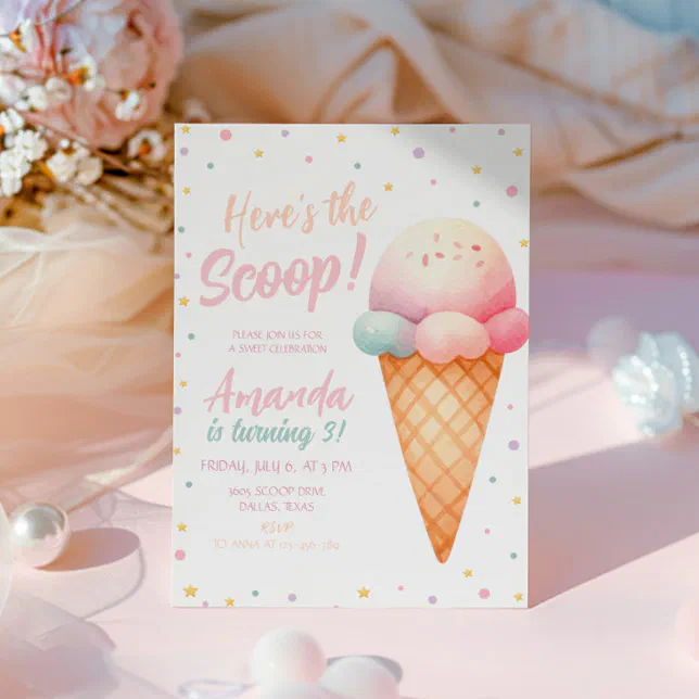 Here's The Scoop Ice Cream Birthday Party Invitation | Zazzle