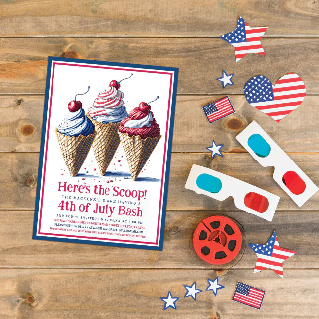 Here's the Scoop Ice Cream Cone 4th of July Party Invitation | Zazzle