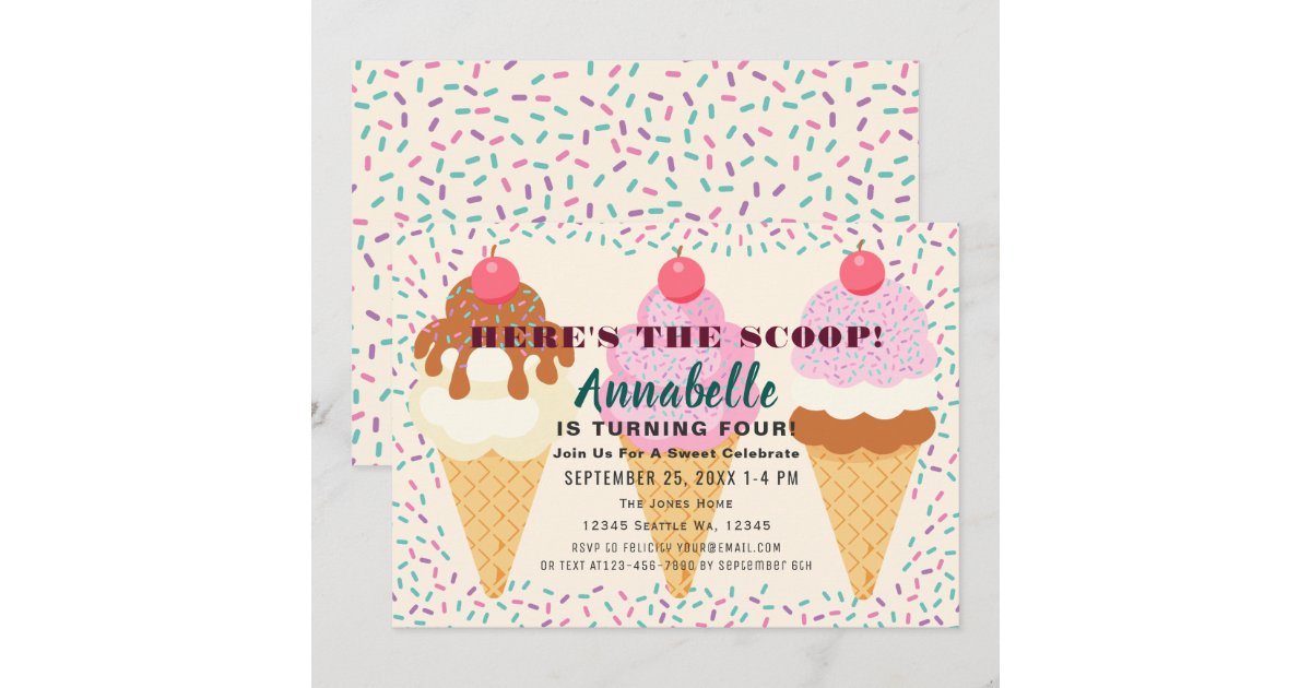 Here's the Scoop Ice Cream Kids Birthday Party Inv Invitation | Zazzle