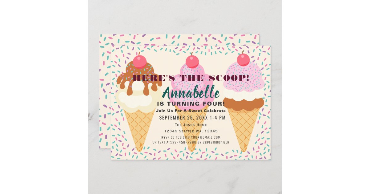 Here's the Scoop Ice Cream Kids Birthday Party Inv Invitation | Zazzle