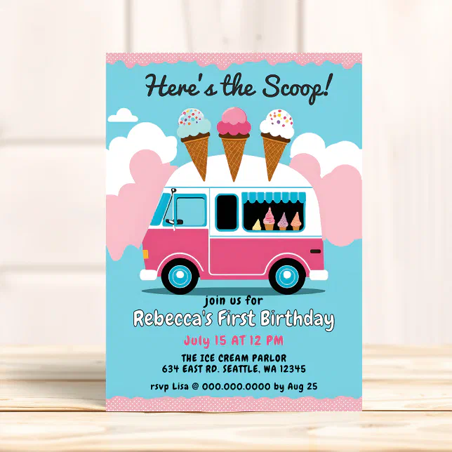 Heres the Scoop Ice Cream Truck Birthday Invitation | Zazzle