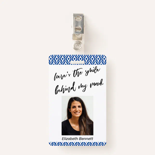 Here's the Smile Behind My Mask Retro Blue Pattern Badge | Zazzle