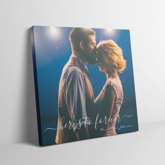 Here's To Forever Script Mr Mrs Wedding Photo Canvas Print | Zazzle