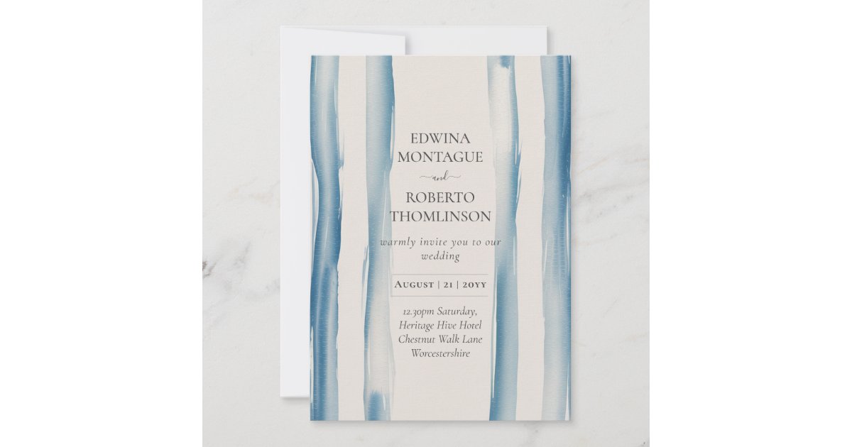 Heritage Blue Brushstroke Coastal Modern Wedding Invitation | Zazzle
