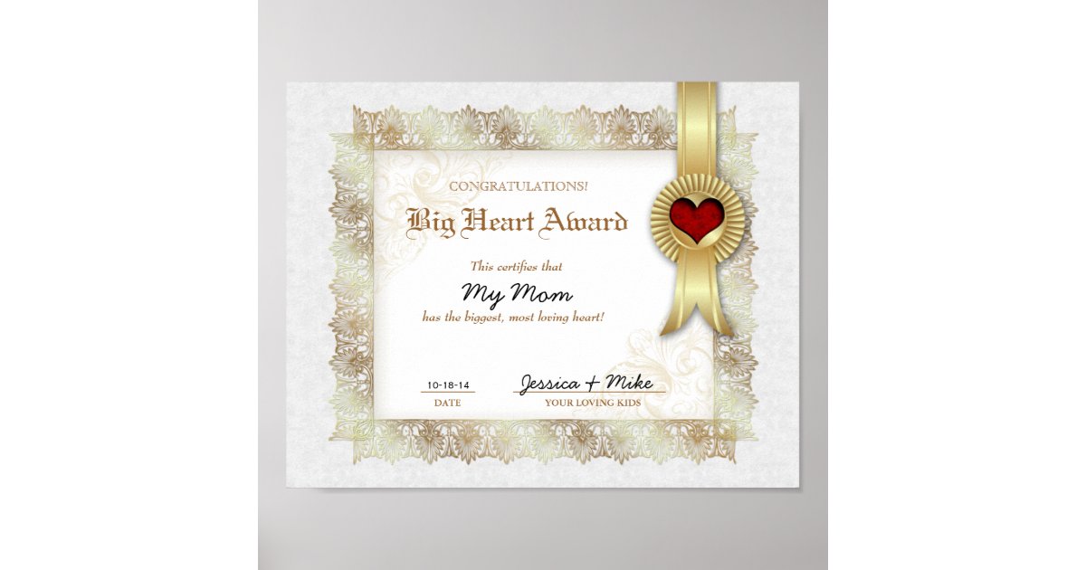 Hero Heart Love Award Certificate Best Mom Poster | Zazzle