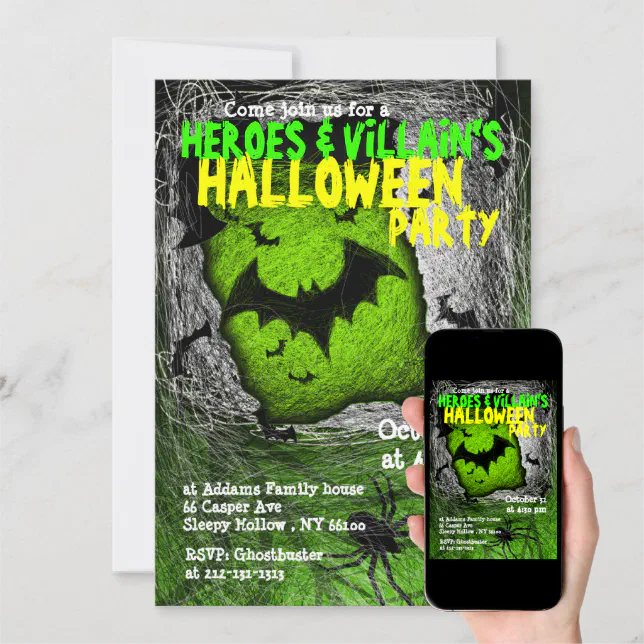 Hero Villian Halloween Party Invitation Bat | Zazzle