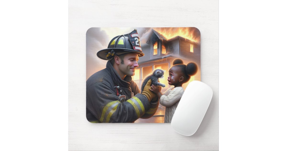 Heroic Firefighter With Kitten Mouse Pad | Zazzle