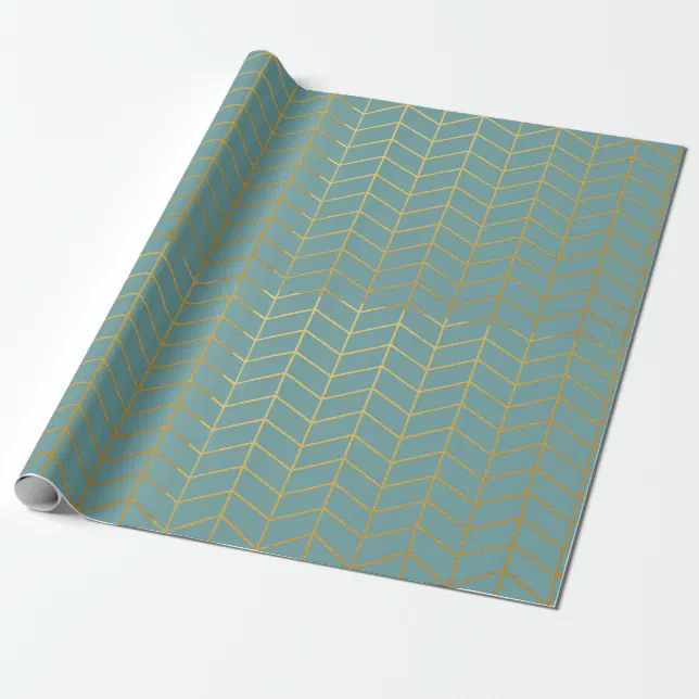 Herringbone Pattern Faux Gold Foil Teal Geometric Wrapping Paper | Zazzle